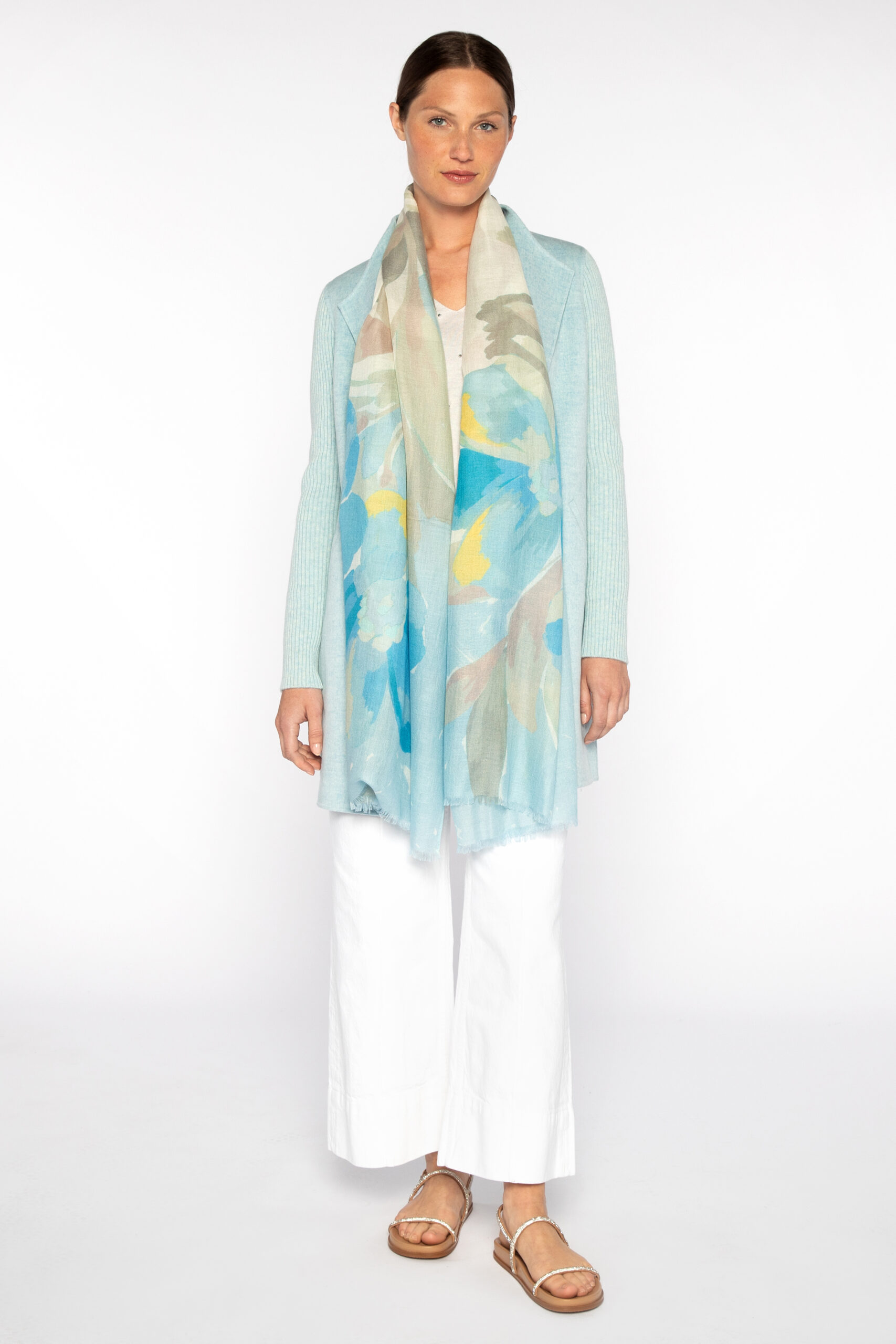 Kiwi Blooms Print Scarf - Surf - Kinross Cashmere