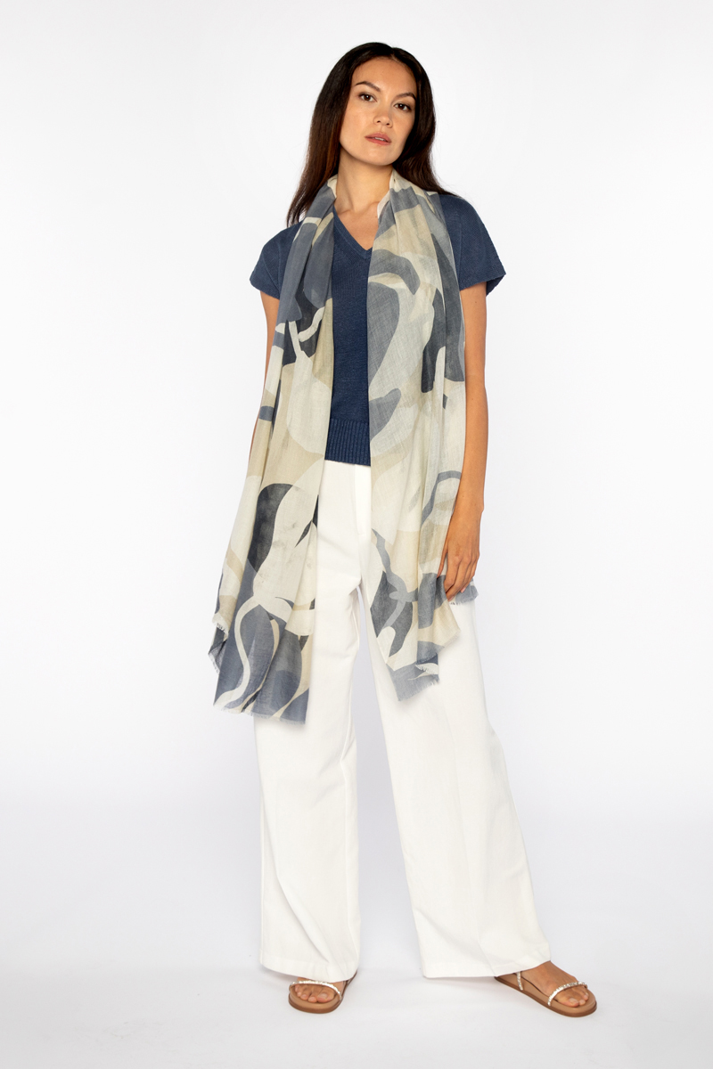Abstract Shadows Print Scarf - Navy - Kinross Cashmere