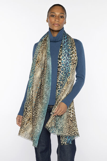 Mixed Animal Print Scarf - Sapphire - Kinross Cashmere